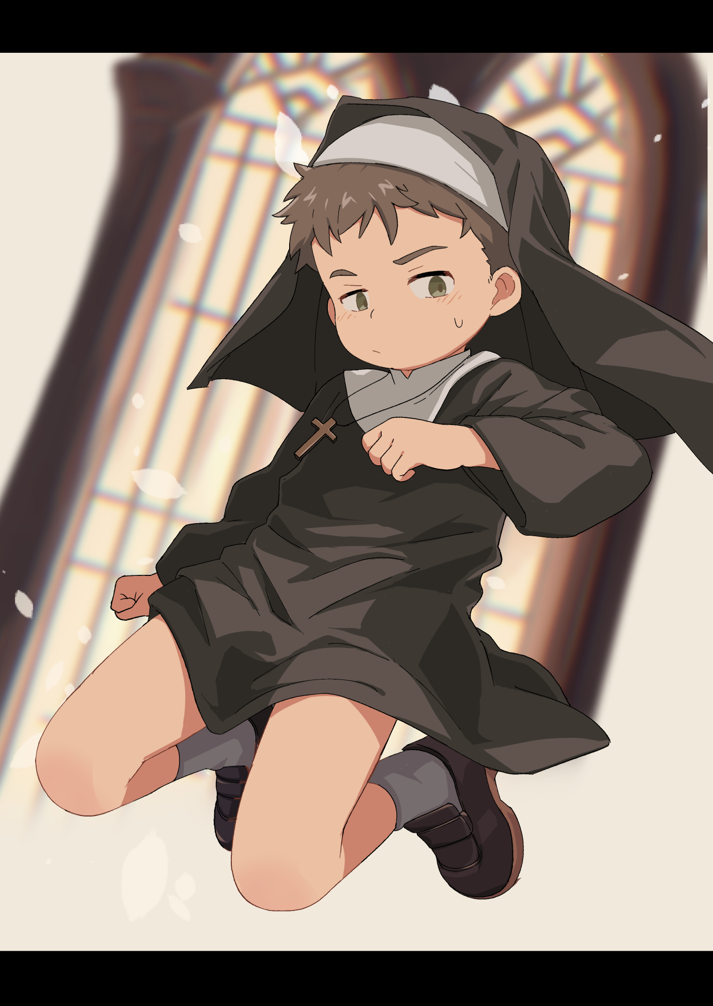 acnhiti, original, black footwear, highres, 1boy, brown hair, church, closed mouth, cross ...