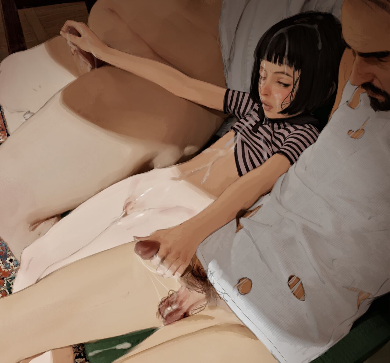 diathorn, mathilda lando, leon the professional, 1girl, 2boys, cleft of venus, cum, cum on body ...