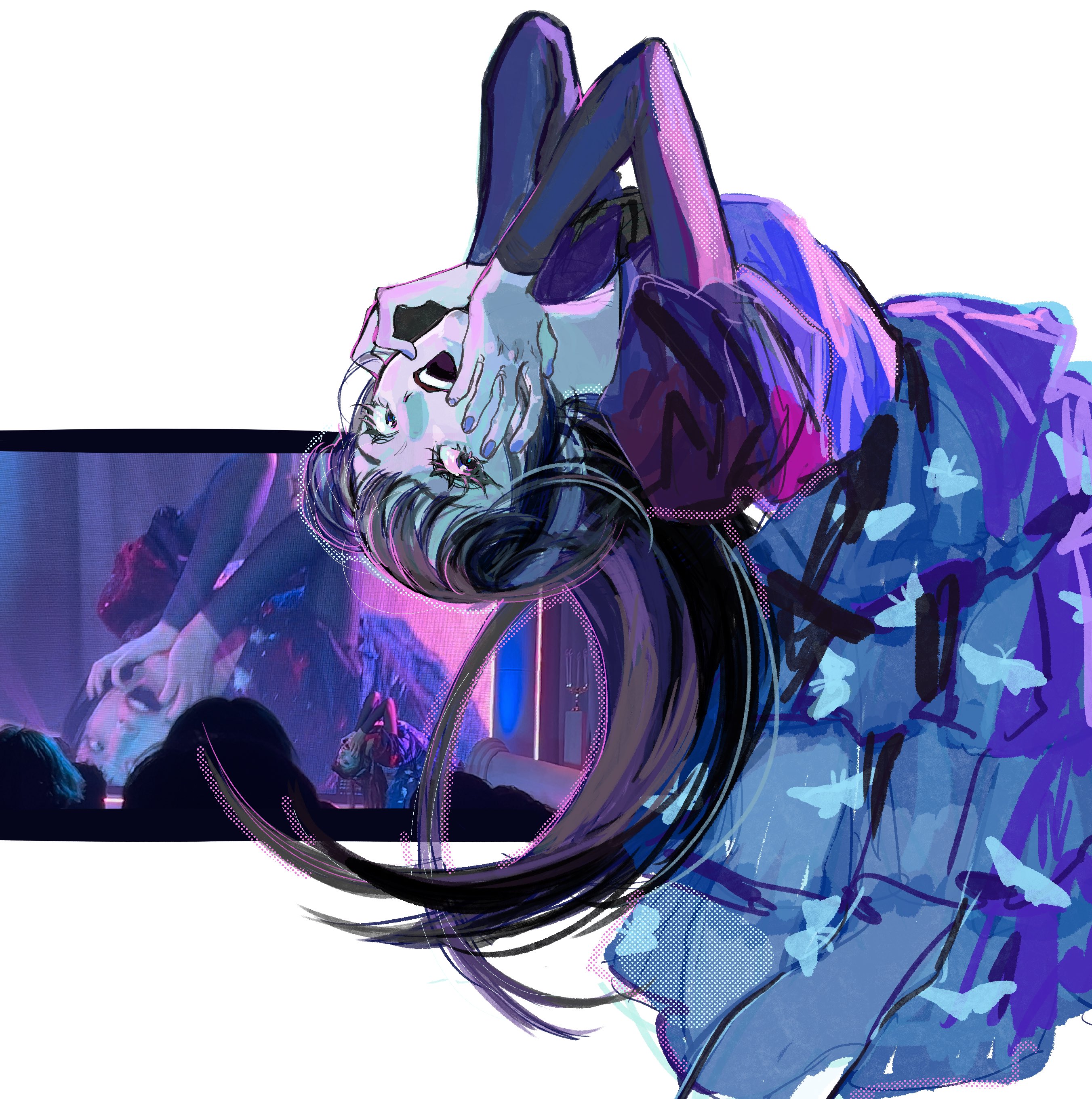 absurdres, commentary request, highres, 1girl, black hair, blue dress ...