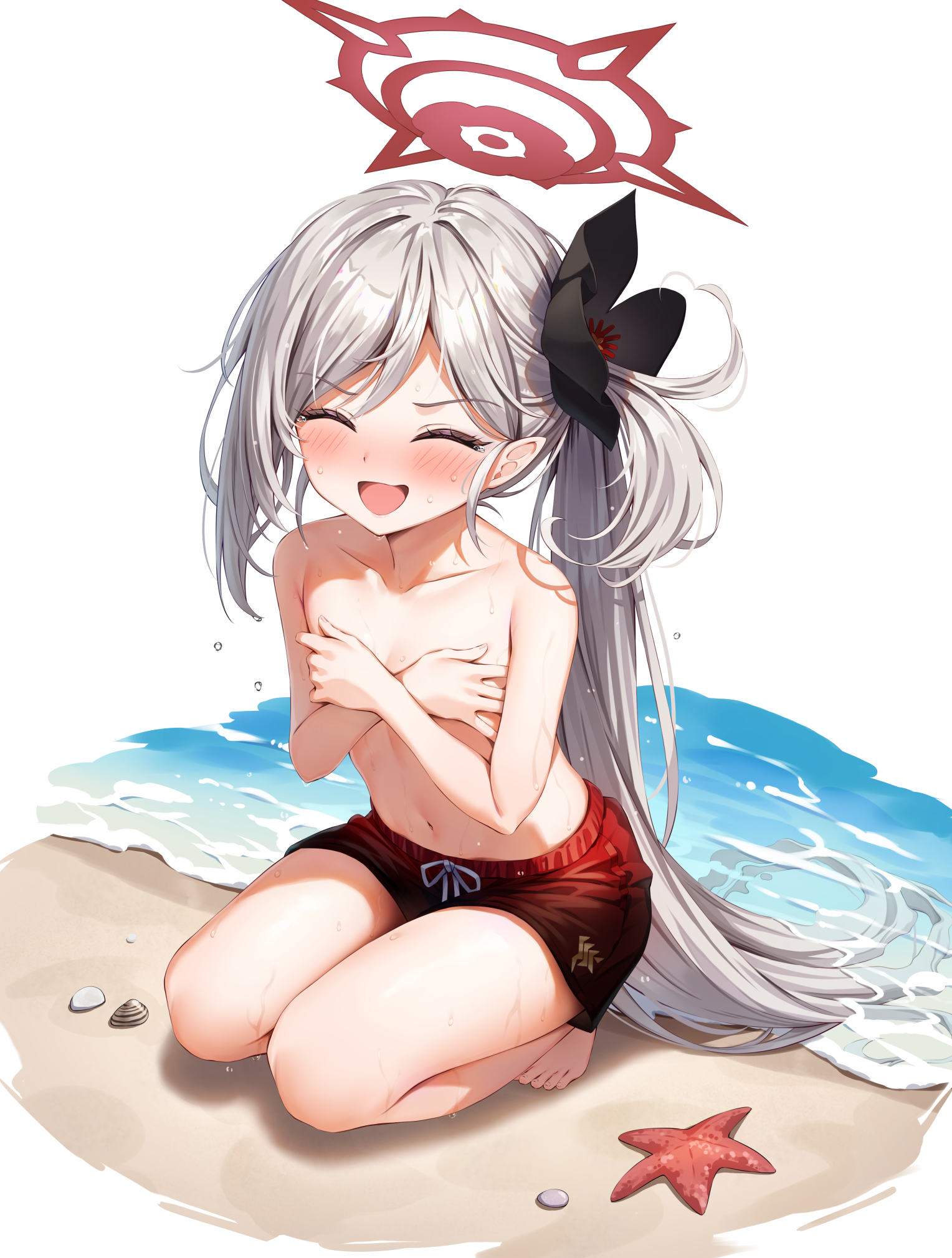 kuria (clear trip second), mutsuki (blue archive), blue archive, highres, 1girl, barefoot, beach ...