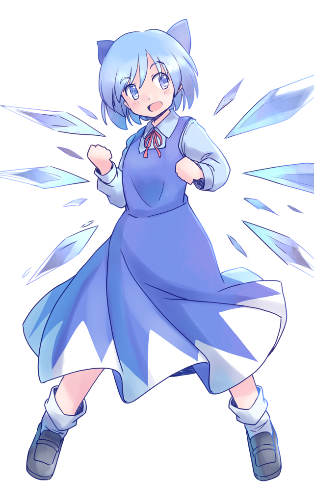 rangycrow, cirno, touhou, commentary request, 1girl, :d, black shoes ...
