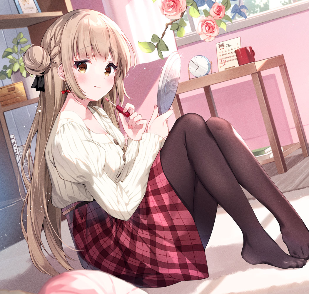 irori, original, commentary request, 1girl, alarm clock, black ...