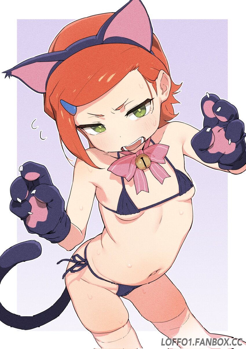 loffo, gwen tennyson, ben 10, highres, 1girl, animal ears, animal hands, bell, bikini, black ...
