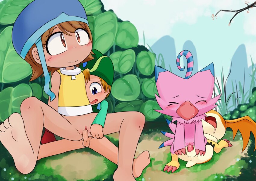 clyndemoon, biyomon, patamon, takaishi takeru, takenouchi sora, digimon, digimon adventure, bird ...