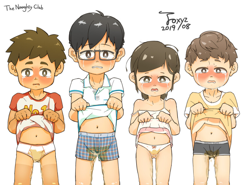toxyz, original, highres, 1girl, 3boys, black hair, blush, brother and sister, brown eyes, brown ...