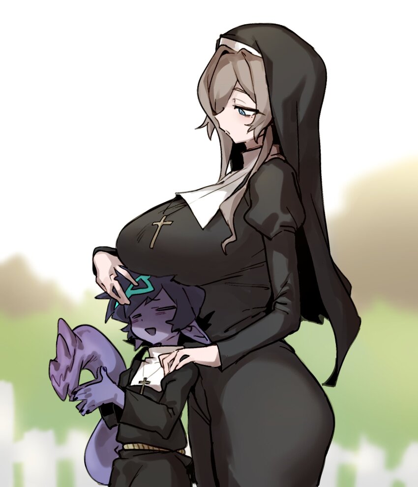 bonnypir, highres, 1boy, 1girl, age difference, breasts, cleavage, huge breasts, large breasts ...